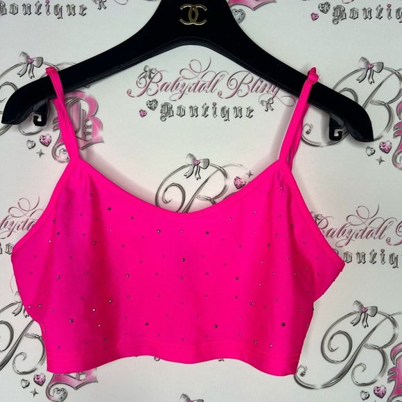 SHEIN | Tops | Shein Rhinestone Top Neon Pink Bling Crystals Diamonds ...